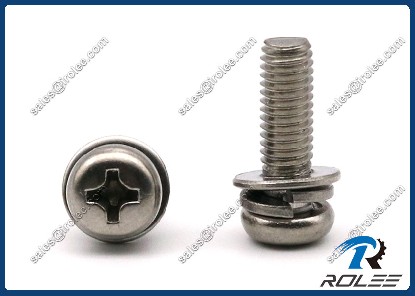 304/316 Stainless Steel Philips Pan Head SEMS Screw with Flat & Spring Washers